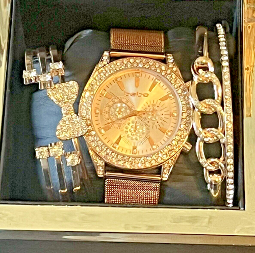 bebe Clear Rhinestone Rose Gold Watch and bracelets set New in Gift Box ...