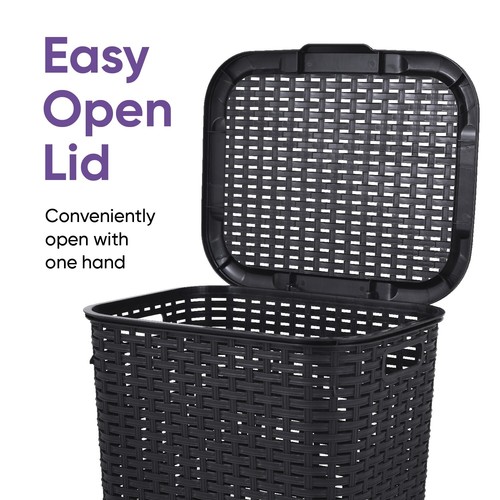 Large Plastic Wicker Laundry Hamper with Lid and Handles-Black (60 ...