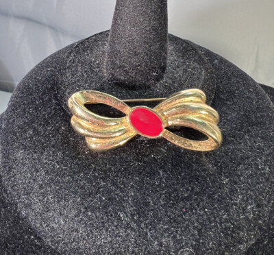 Monet Signed Gold Tone Red Enamel Ribbon Bow Brooch Pin | eBay