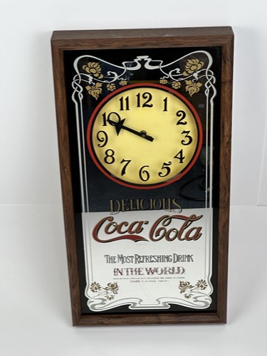 Vintage Coca Cola Mirrored Wall Clock Wood 25x13 Battery Powered Bar ...