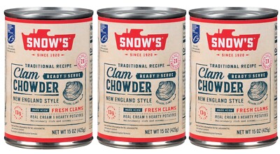 Snows New England CLAM CHOWDER 15oz Authentic READY TO SERVE (3 Cans ...
