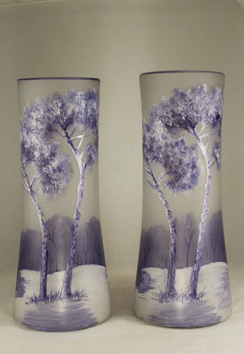 Pair Fine Vintage 9" Frosted Art Glass Vases w Enamel Winter Scene ...