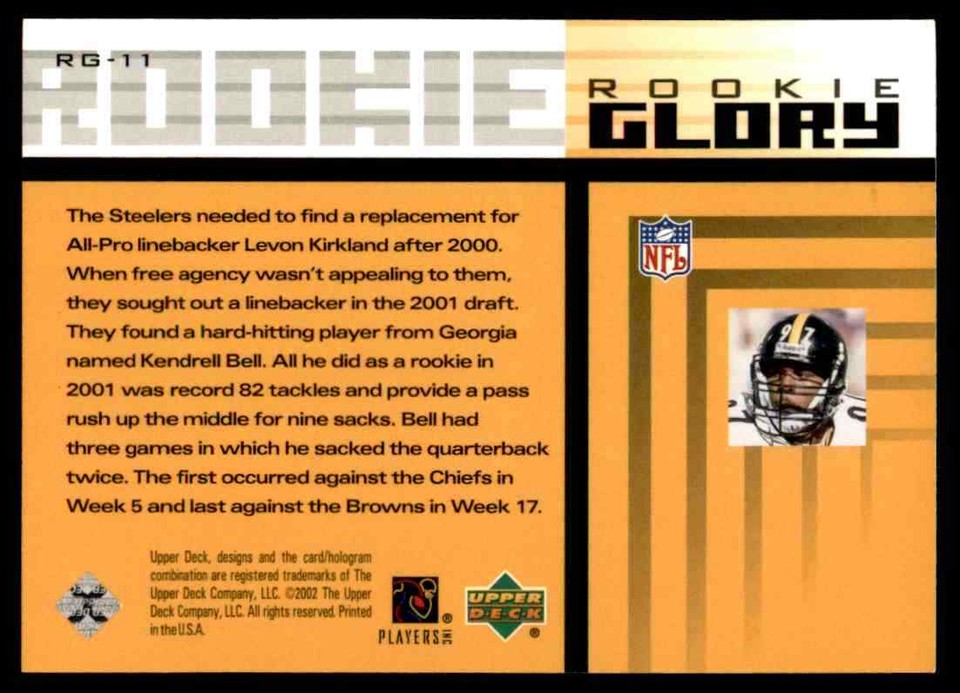 2002 Rookie Glory #RG-11 Kendrell Bell Steelers / Georgia PIECE OF ...