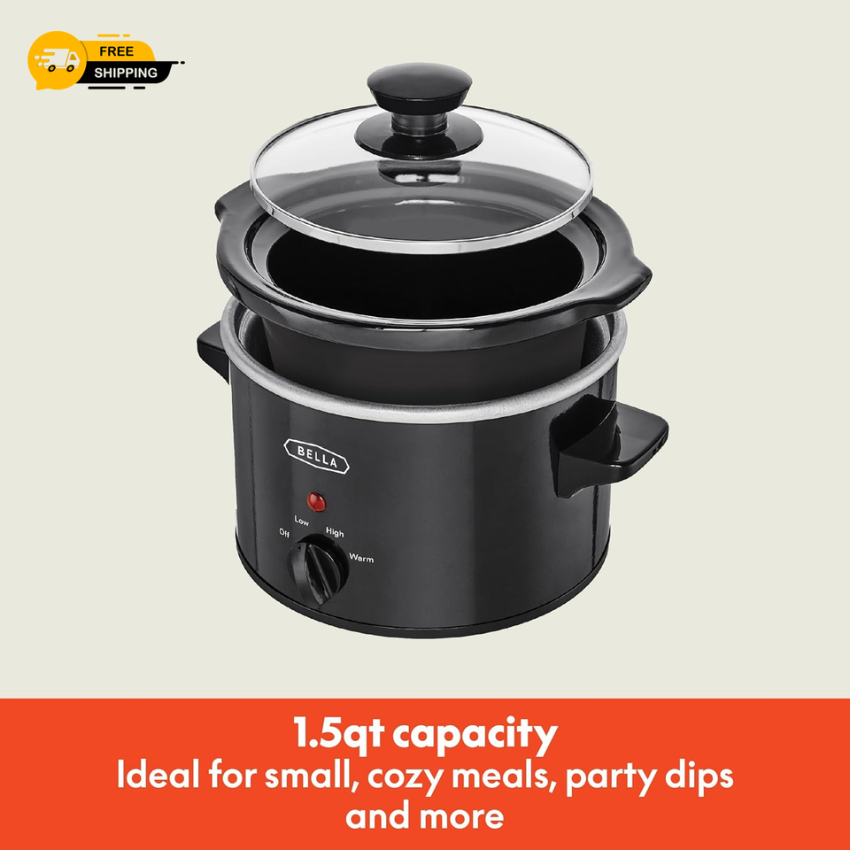 BELLA 1.5QT Slow Cooker Mini Crock Pot Compact Cooking for Small Meals ...