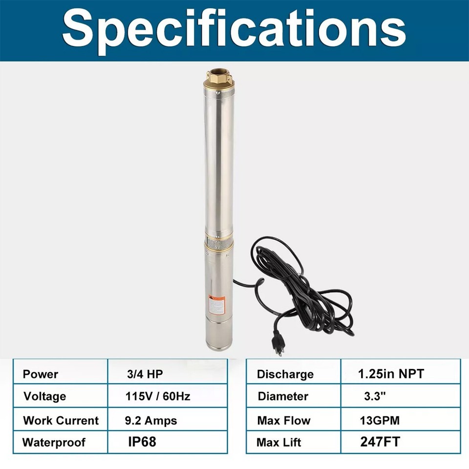 3inch 3/4 HP Deep Well Submersible Pump 110V 13 GPM 247 ft MAX 60Hz ...