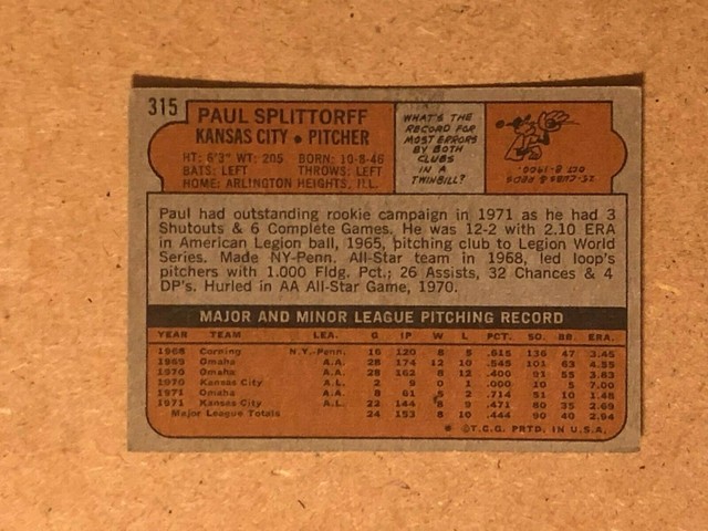 1972 Topps - #315 Paul Splittorff for sale online | eBay