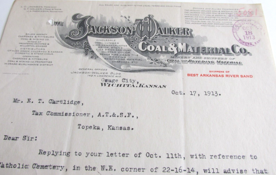 1913 JACKSON WALKER COAL & MATERIAL CO Wichita Kansas Ks., Letterhead ...