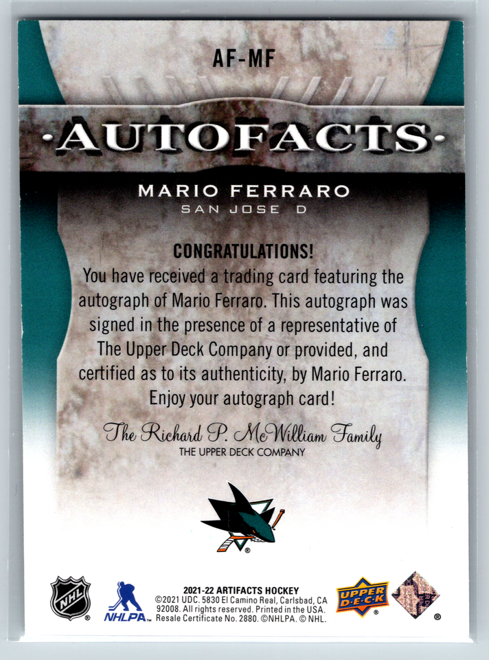 Mario Ferraro 2021 Upper Deck Artifacts Auto Facts AU #AF-MF San Jose ...