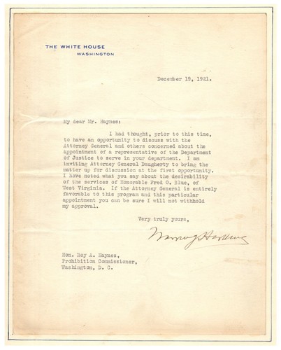 Warren G. Harding - Typed Letter Signed - Appoints New Prohibition ...