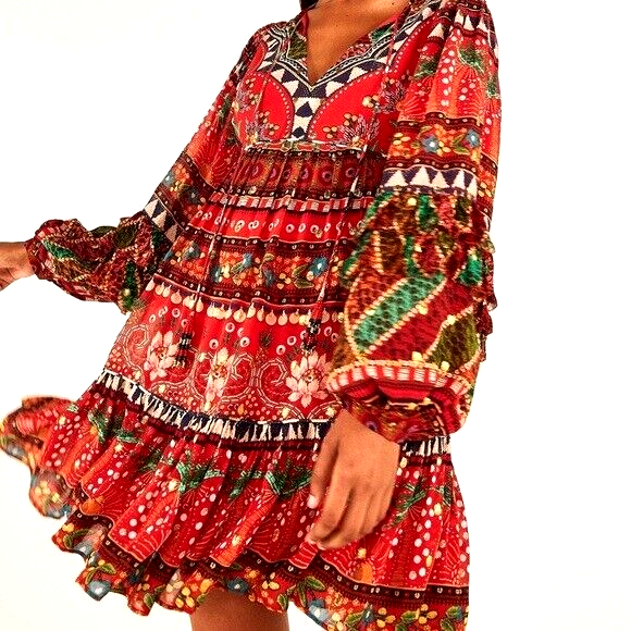 Farm Rio Tropical Shine Dress Boho CELEBRITY Party Balloon Sleeve S/M ...
