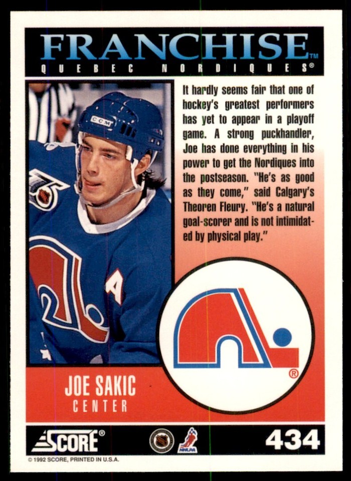 1992-93 Score Franchise Joe Sakic Quebec Nordiques #434 NHL Hockey | eBay