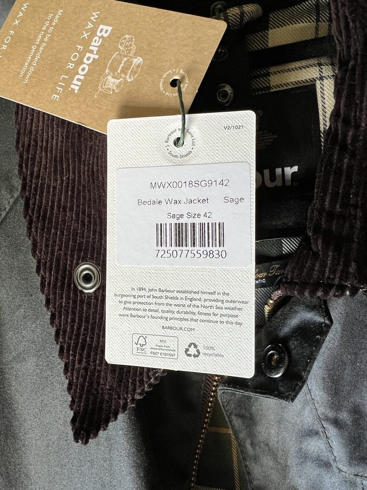 Barbour Bedale Wax Jacket Men 42 Sage New with Tags | eBay
