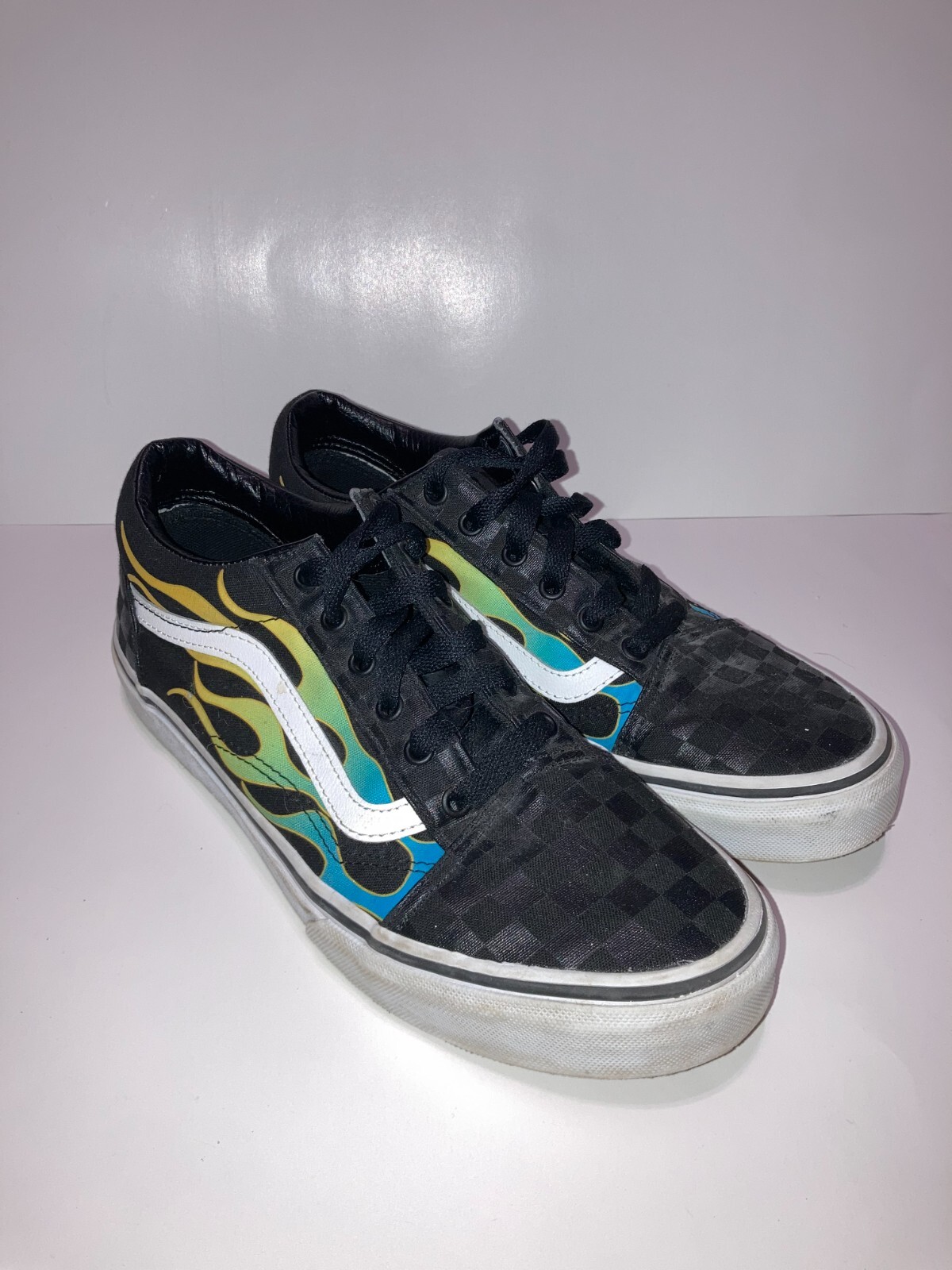 Men's VANS Old Skool Black Checkerboard Blue Flames Skate Shoes Size 7 ...