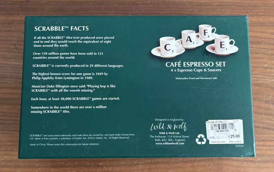 Scrabble Café Espresso Set - 4 Espresso Cups & Saucers in Gift Box ...