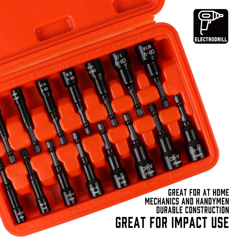 15pcs Laser Etched Impact Magnetic Nut Setter Driver Bit Set SAE Metric ...