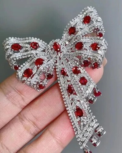 14K White Gold Plated 4Ct Oval Simulated Red Ruby Tie Bow Knot Brooch ...