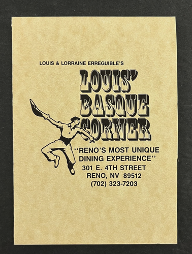 1980s Reno Nevada Erreguible Louis' Basque Corner Souvenir Dining ...