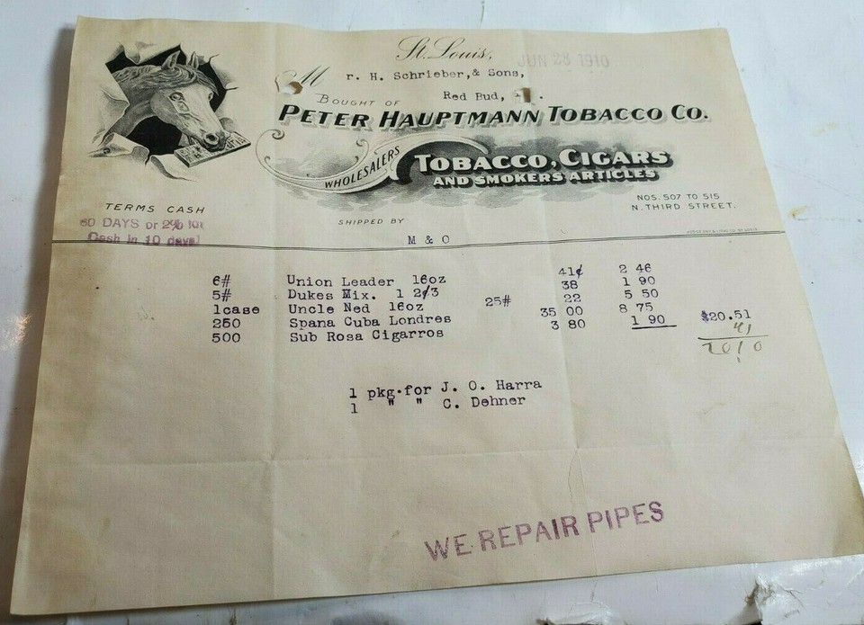 Antique Invoice Letterhead Billhead PETER HAUPTMANN TOBACCO CO JUNE ...