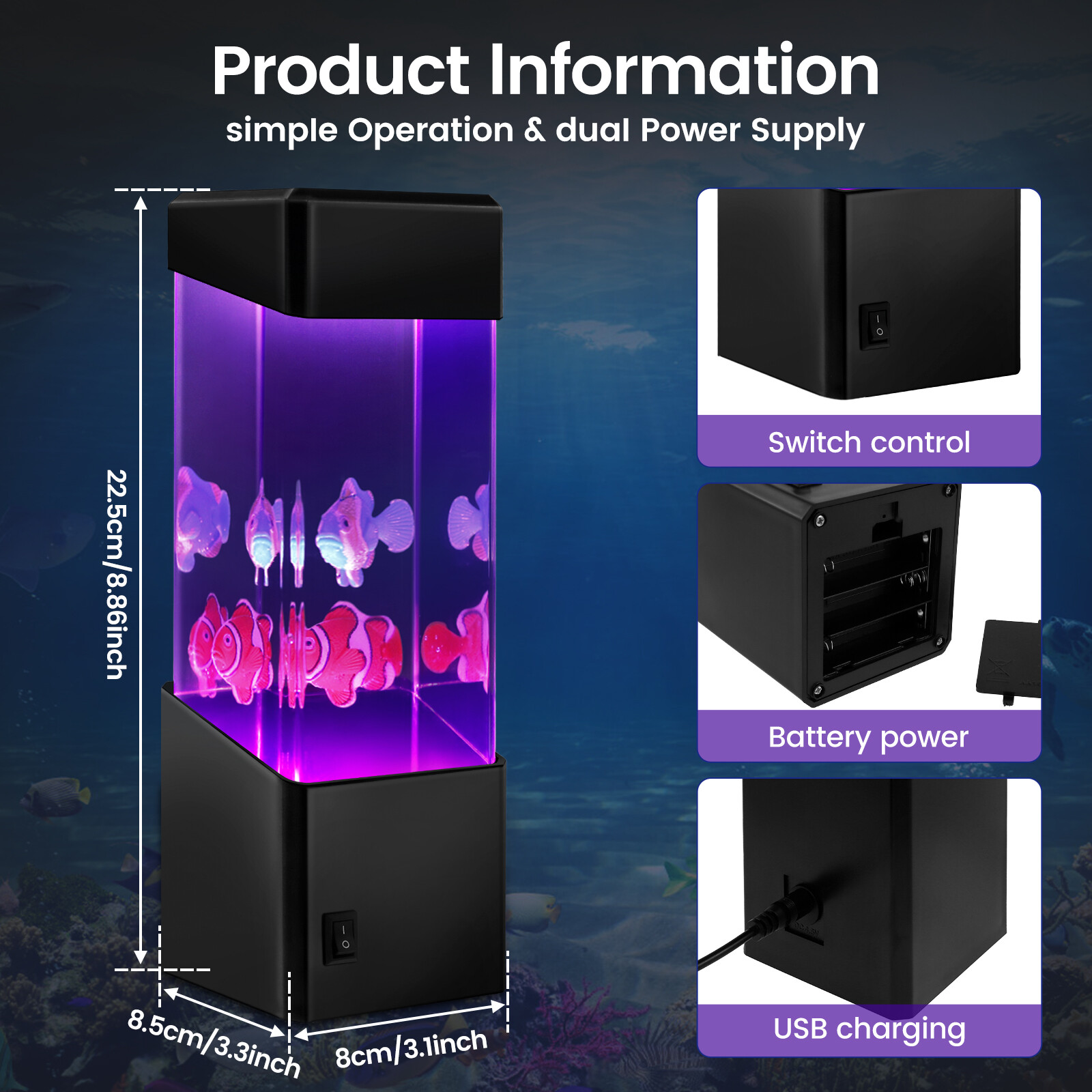 Fish Lava Lamp USB/Battery Operated LED Fish Night Light Auto Color ...