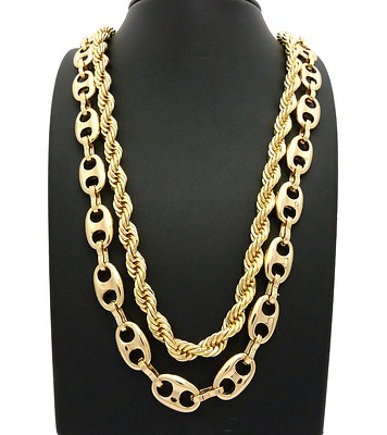 HIP HOP 8mm/30" ROPE CHAIN & 12mm/30" MARINA CHAIN RAPPER NECKLACE SET ...