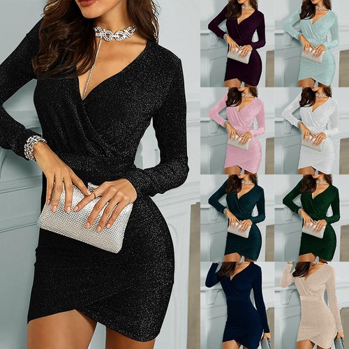 Women Sexy V Neck Bodycon Clubwear Long Sleeve Evening Cocktail Party ...