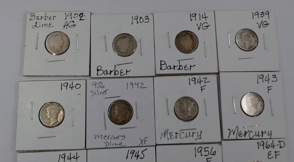 Lot Of 12, Barber Dimes (3), Mercury Dimes (7), and Roosevelt Dimes (2 ...