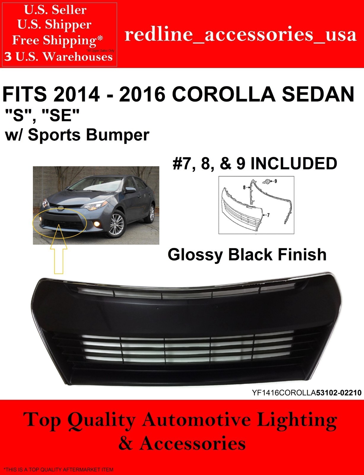 LOWER GRILLE RADIATOR COVER FOR 2014 15 16 COROLLA S SE 53102-02210 BLK ...