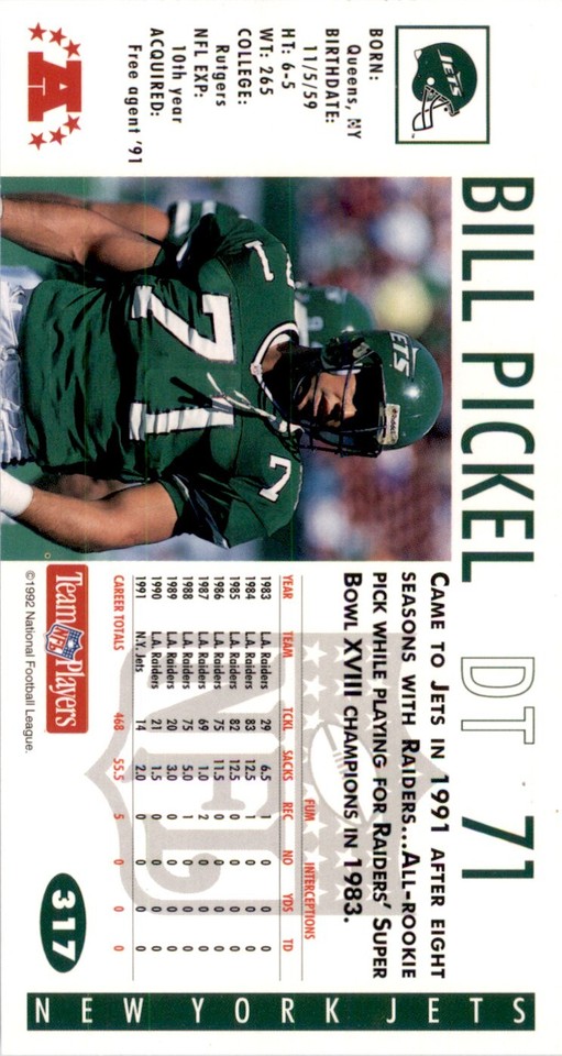 1992 NFL Gameday Tallboy Tall Boy BILL PICKEL New York Jets #317 | eBay
