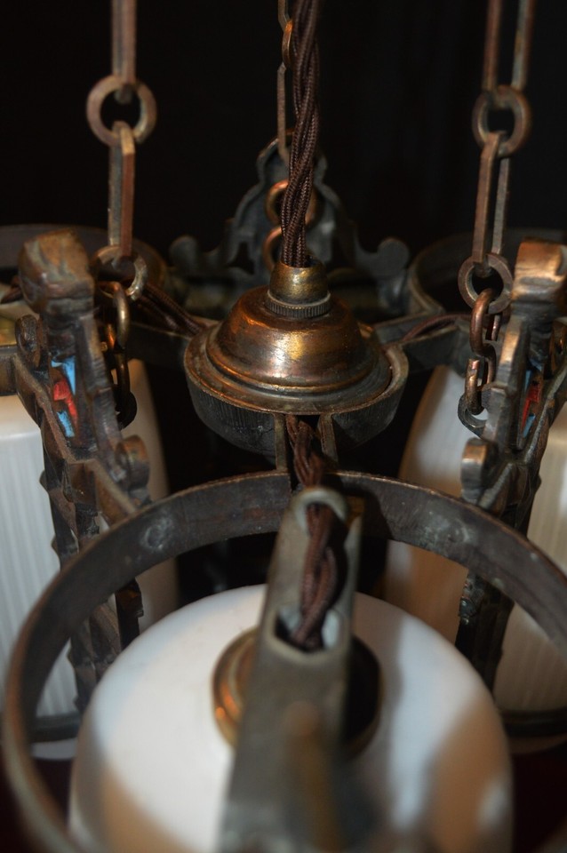 RARE GEC Art deco heavy cast bronze 3 arm chandelier opaline glass ...