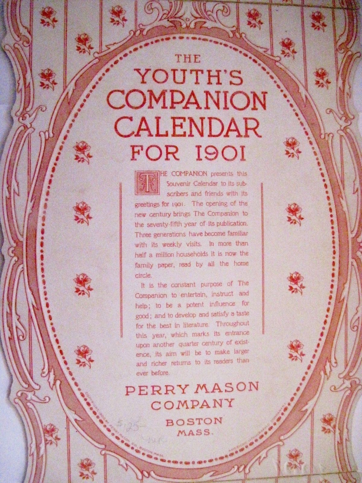 1901 Gorgeous Three Piece Calendar "Compliments The Youth's Companion ...