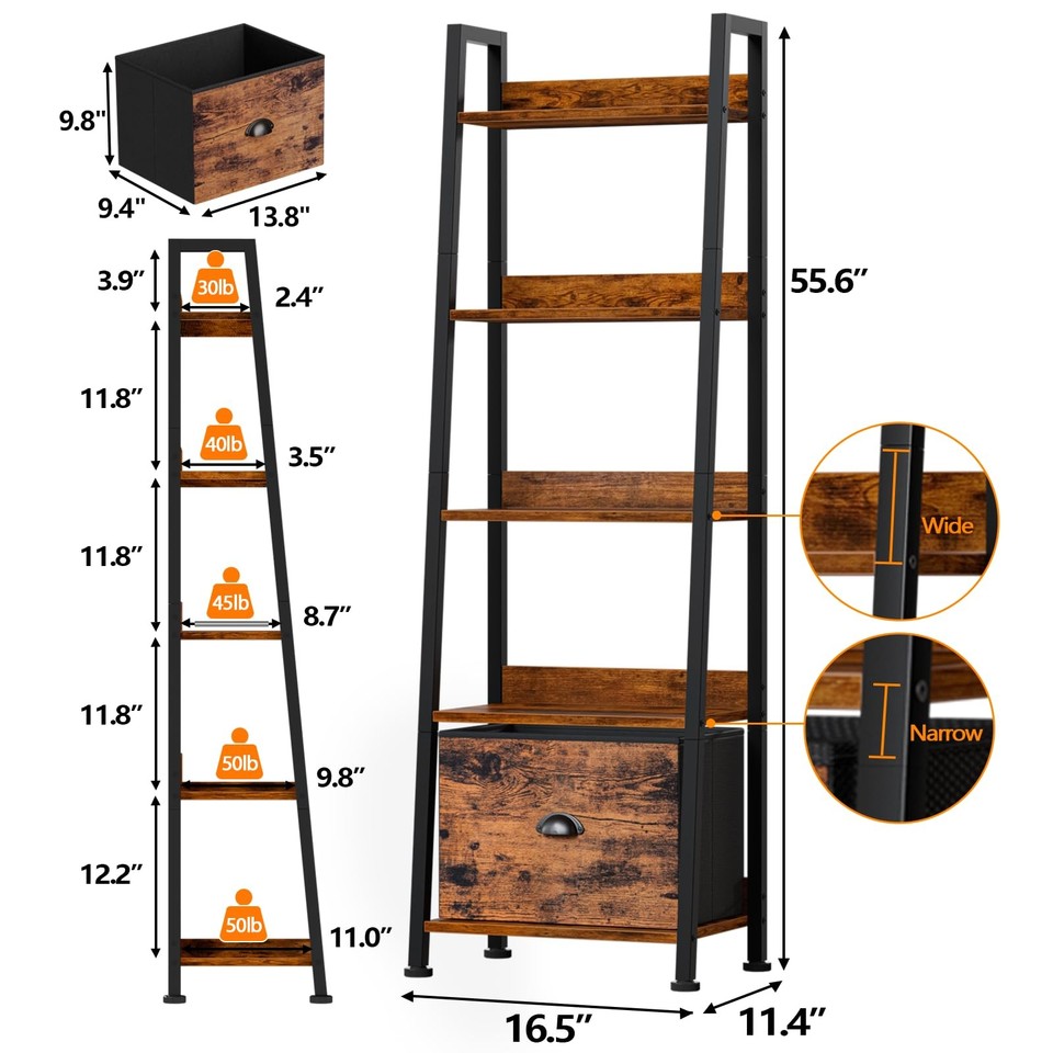 5-Tier Ladder Shelf, Ladder Bookshelf with Removable Drawer, Rustic ...