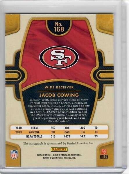 2024 Gold Standard #168 Rookie Autographs JACOB COWING RC Auto 24/299 ...