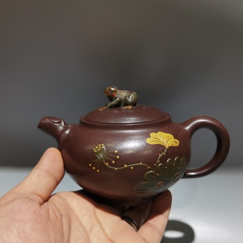 6″ Yixing Zisha Purple clay pot handmade Frog lotus leaf Kung Fu Health ...