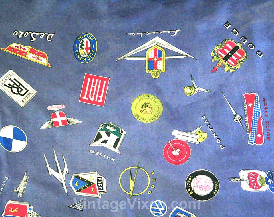 1950s Novelty Print Silk Scarf - Amazing Vintage Cars Print Logos ...