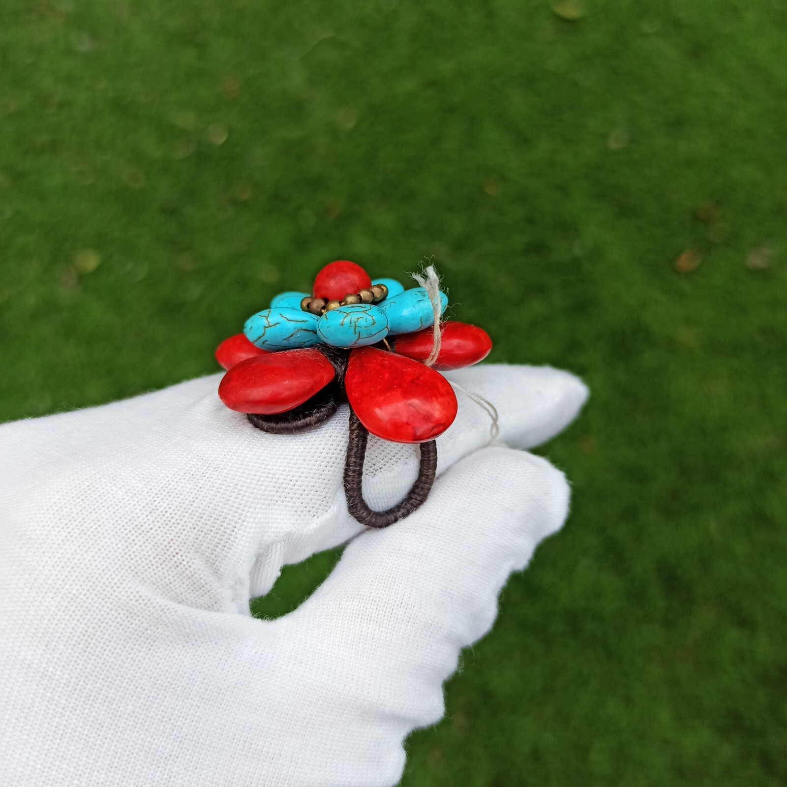 Massive Chunky Ring 3d Flower Cluster Turquoise & Red Gemstone Natural ...