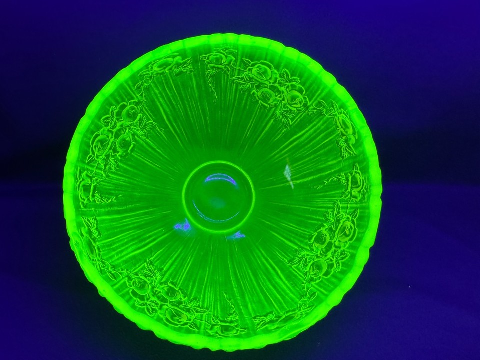 Uranium Glass Tiffin Large Bowl Cabbage Rose Vaseline Satin Vintage ...