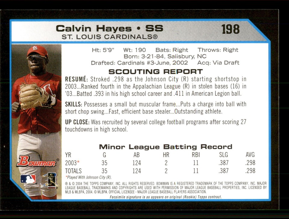 2004 Bowman Calvin Hayes #198 St. Louis Cardinals | eBay