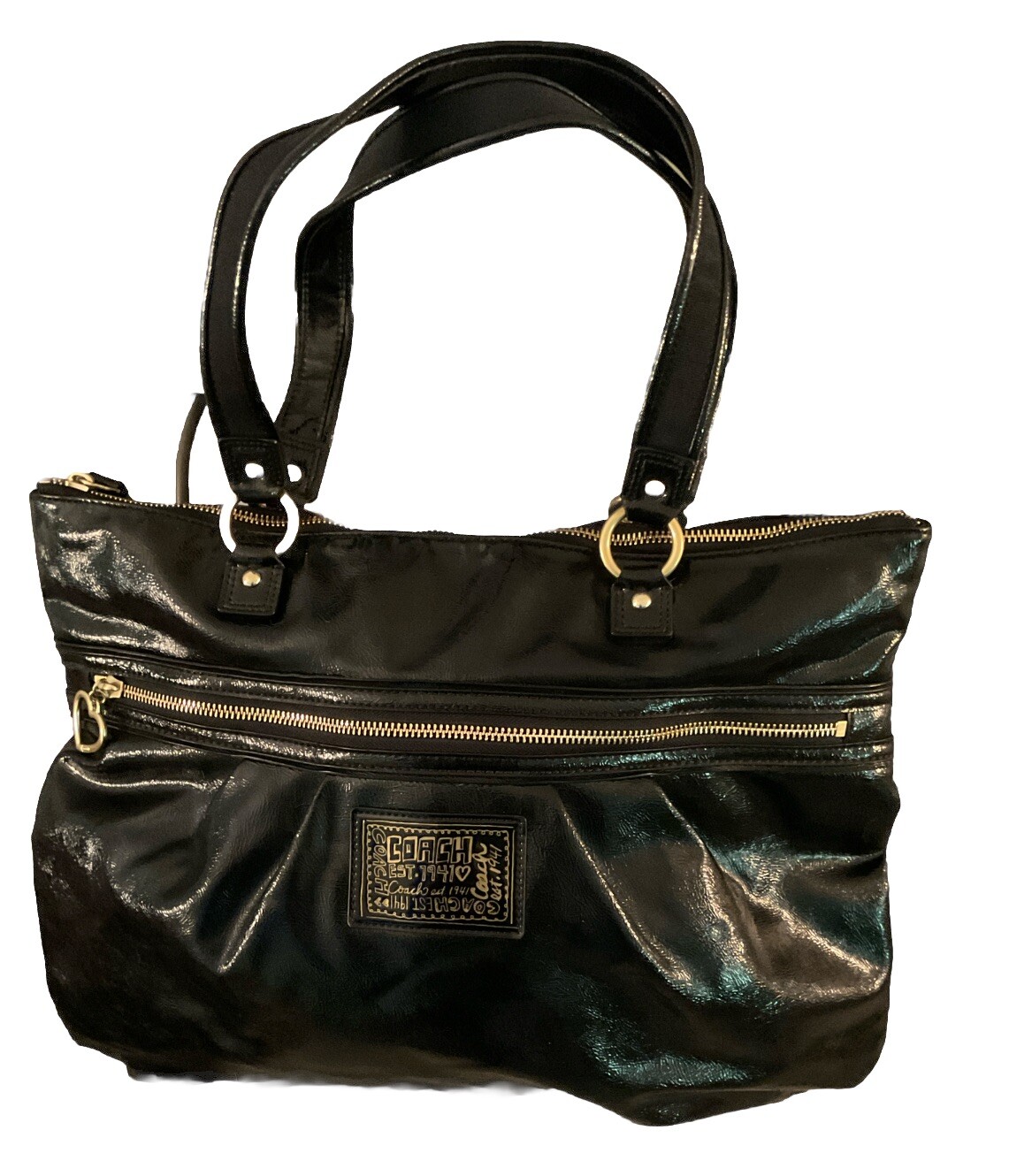 Coach Poppy Daisy Liquid Black Patent Leather Shoulde… - Gem