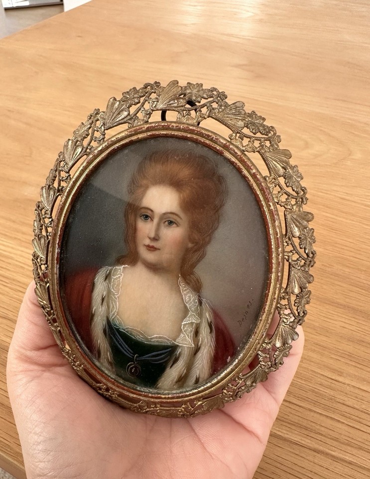 Antique 1800s original hand painted miniature Victorian lady ornate ...