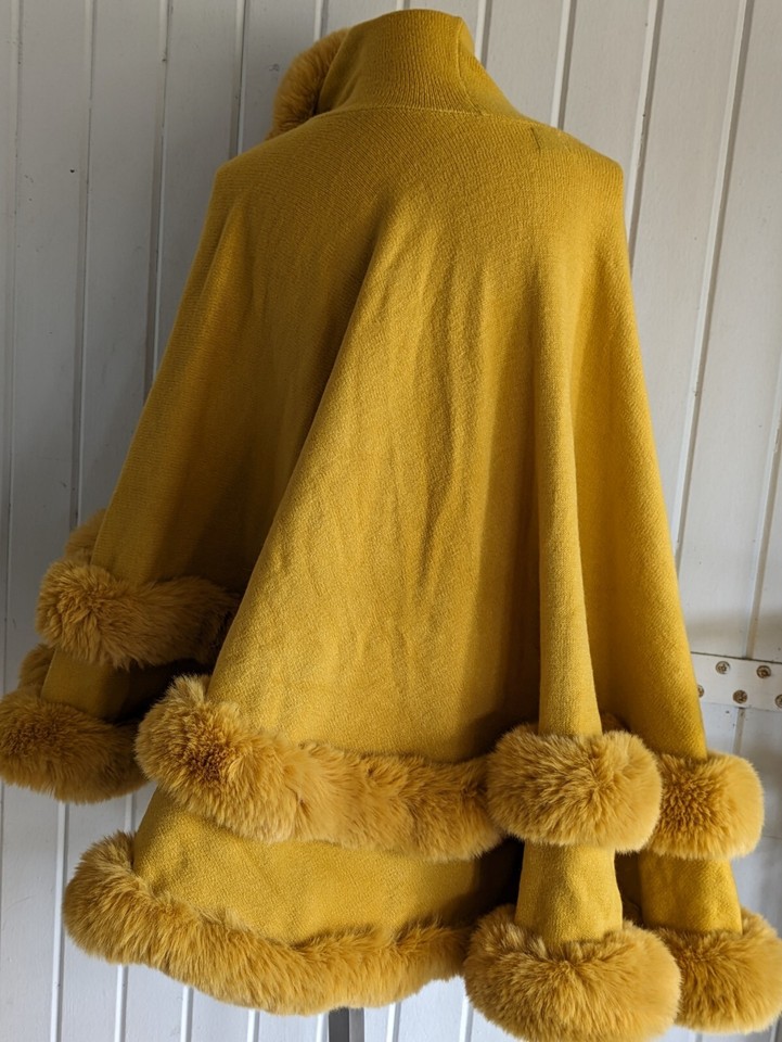 Ruana Hoodie Poncho Cape Hoodie Double Layer Faux Fur Yellow Mustard ...