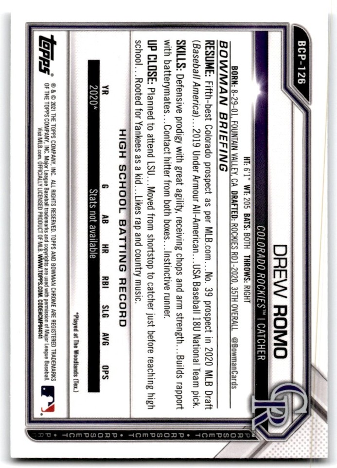 2021 Bowman Chrome Drew Romo Baseball Cards #BCP-126 | eBay