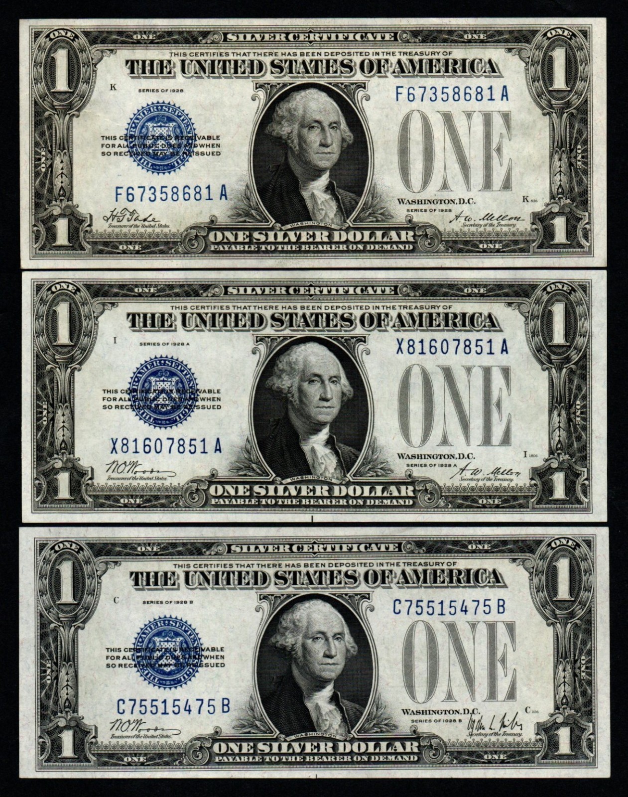 FUNNYBACK PARTIAL SET 3 GEM UNCs: $1 1928 Plain, 28A & 28B Silver ...