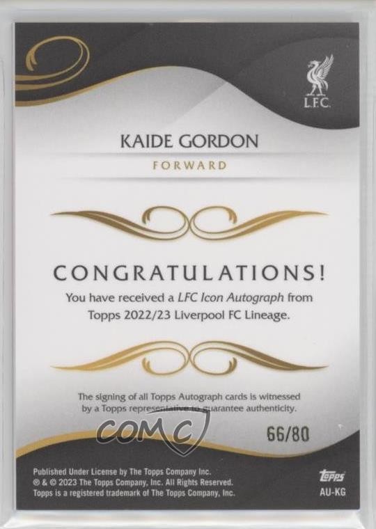 2022-23 Topps Liverpool FC Lineage Auto Pink /80 Kaide Gordon #AU-KG ...