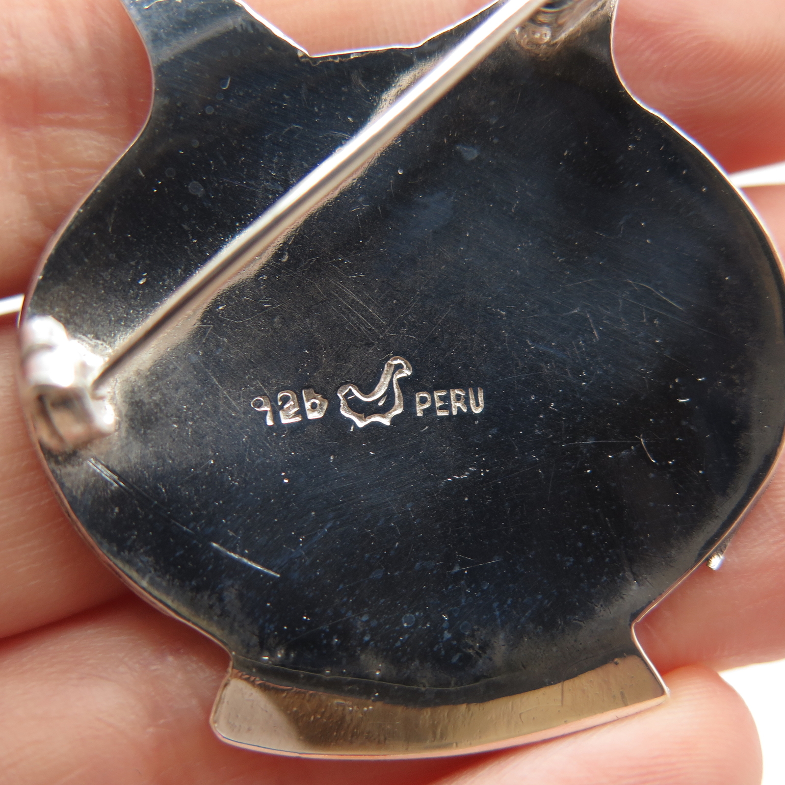 925 Sterling Silver Vintage Peru Tribal Pin Brooch - Gem