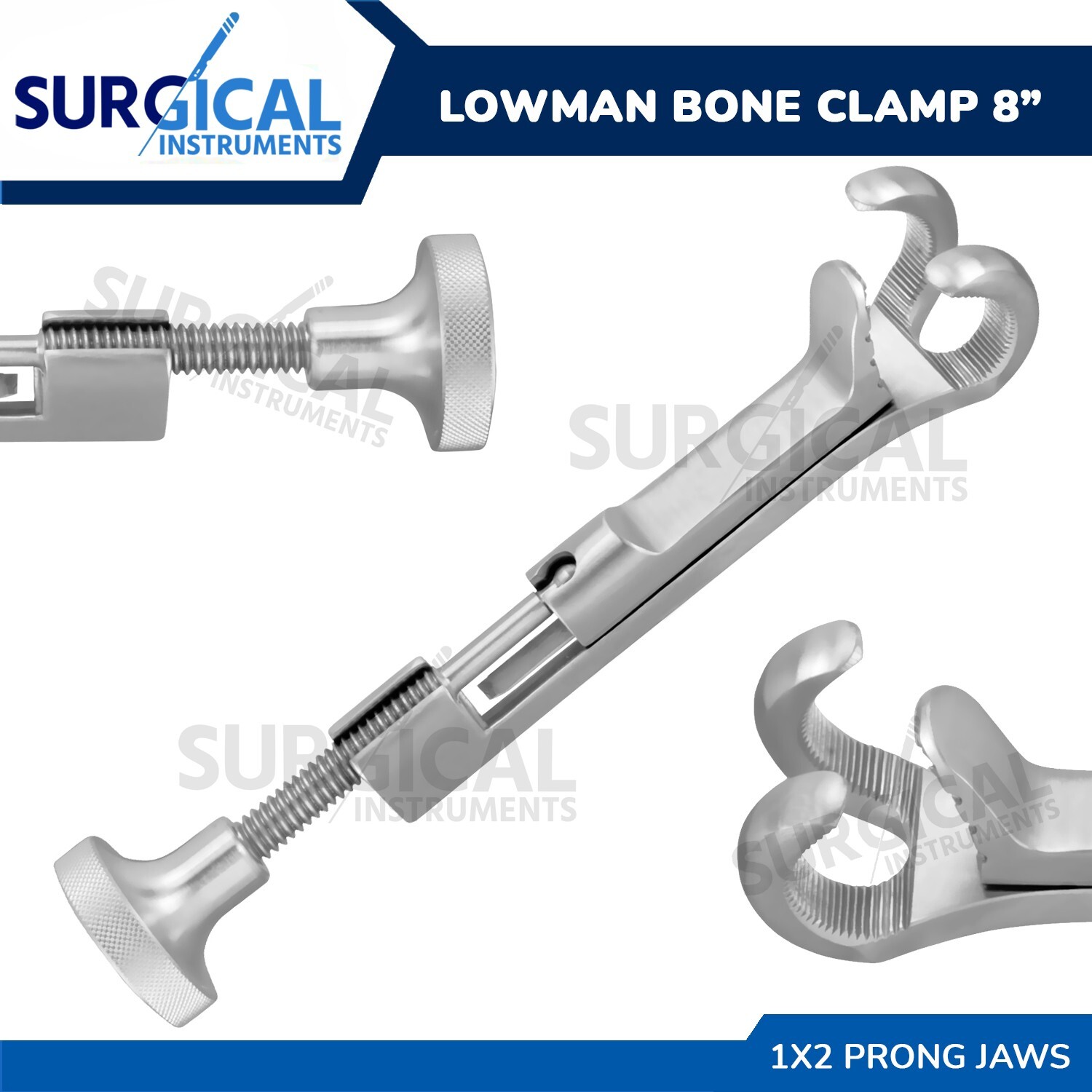 LOWMAN Bone Clamp 8" 1x2 Prong Jaw 3/4" calibrate 1.25" Stainless ...