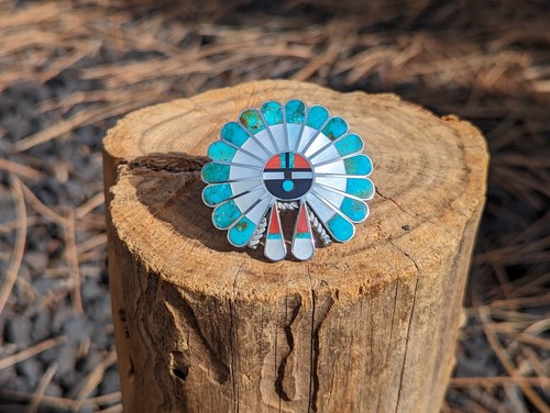 Zuni Ring Native American Sterling Silver Turquoise Sun face Kachina sz ...
