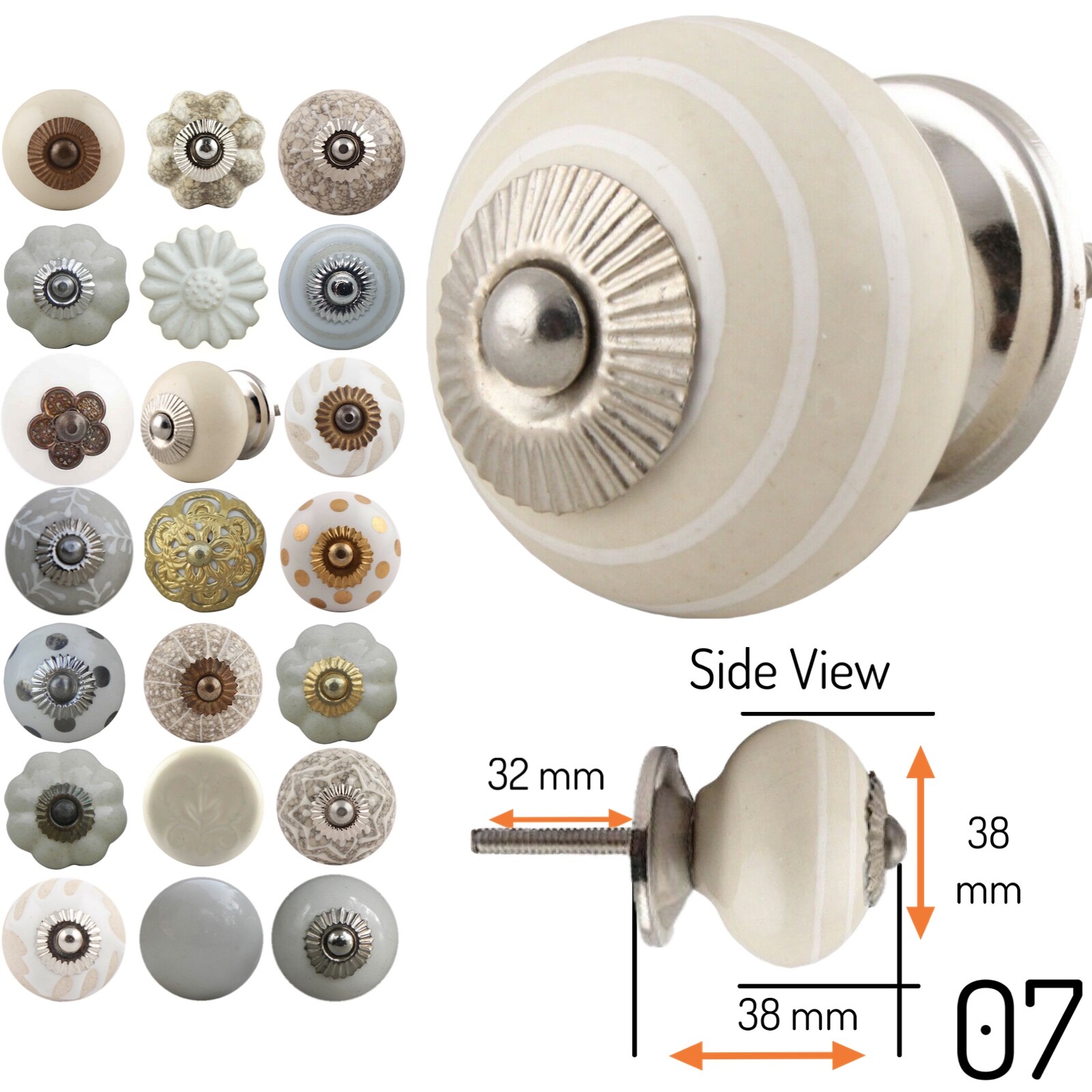 WHITE Door Knobs Ceramic OVER 50 DESIGNS Handles Cupboard Drawer Pulls ...