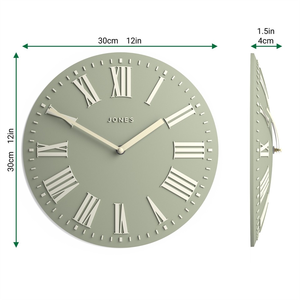 Jones® Strand convex wall clock 30cm green classic roman dial open face ...