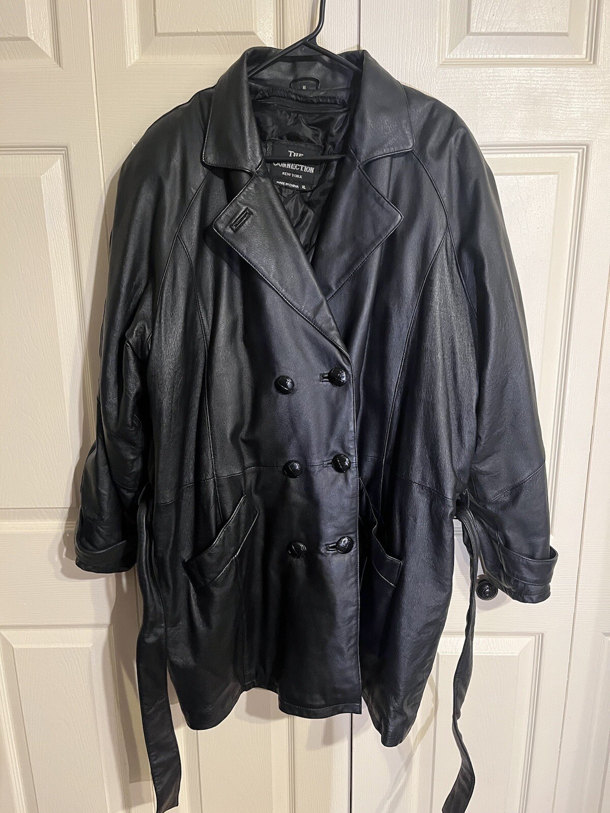 The connection Black leather mid length Coat double b… - Gem