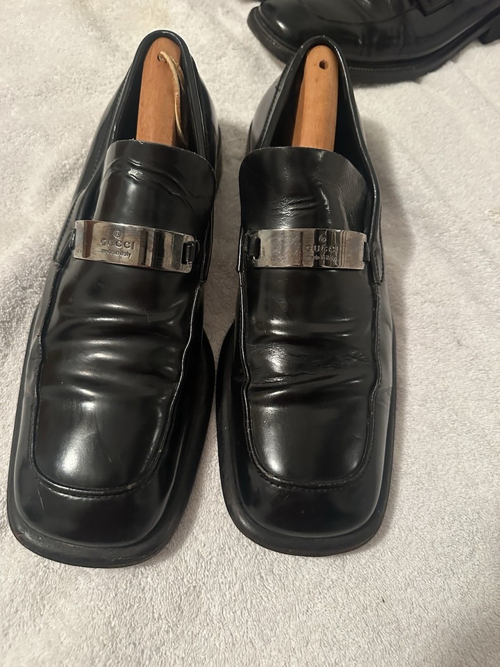 Gucci Men's Black Leather Loafer Dress Shoes Metal Accent Square Toe | eBay